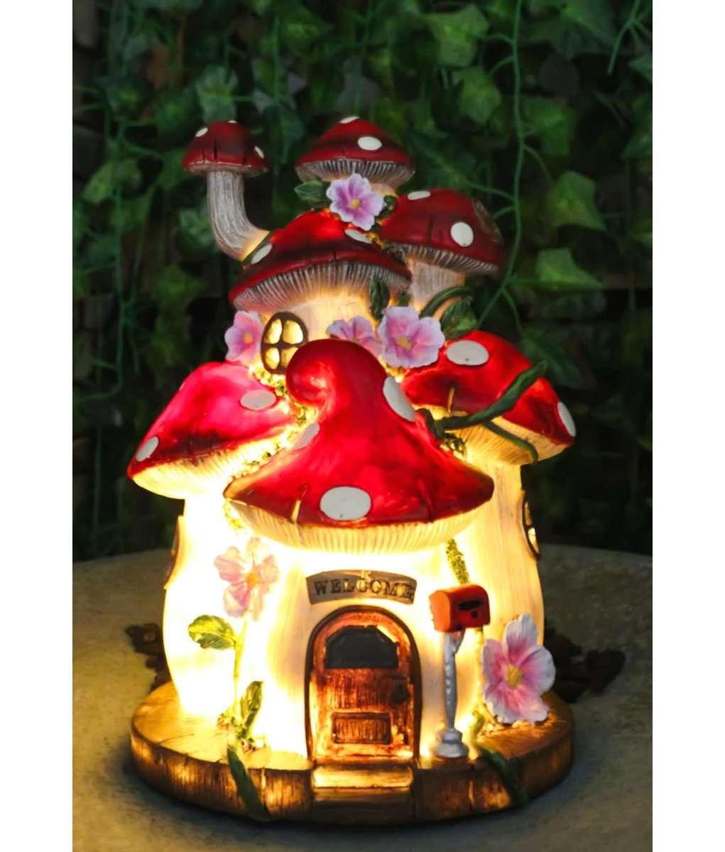 Trinx LED Light Up Enchanted Fairy Garden Toadstool Mushrooms Cottage House Figurine | Wayfair